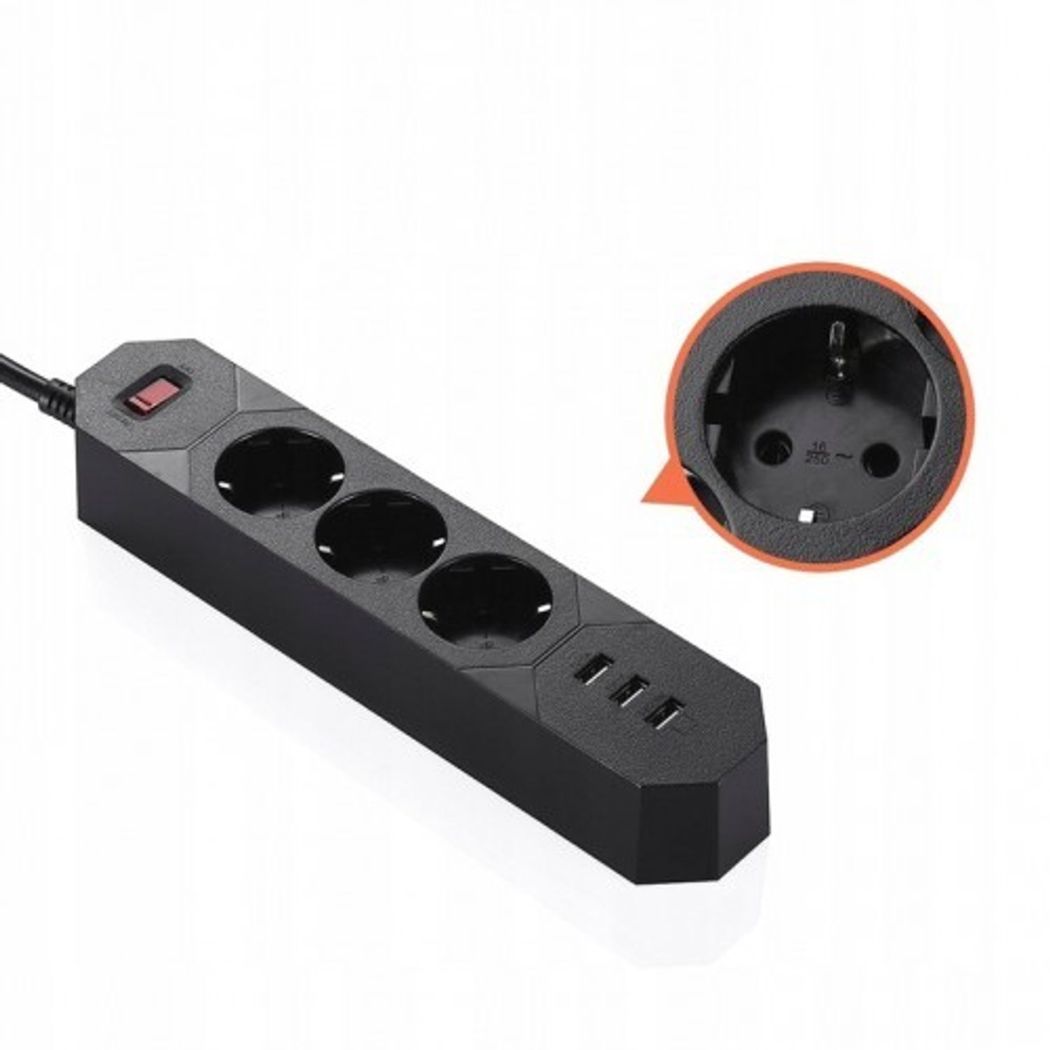 Gonga - Prelungitor cu priza multipla, 3 posturi, 3 porturi USB, negru ...