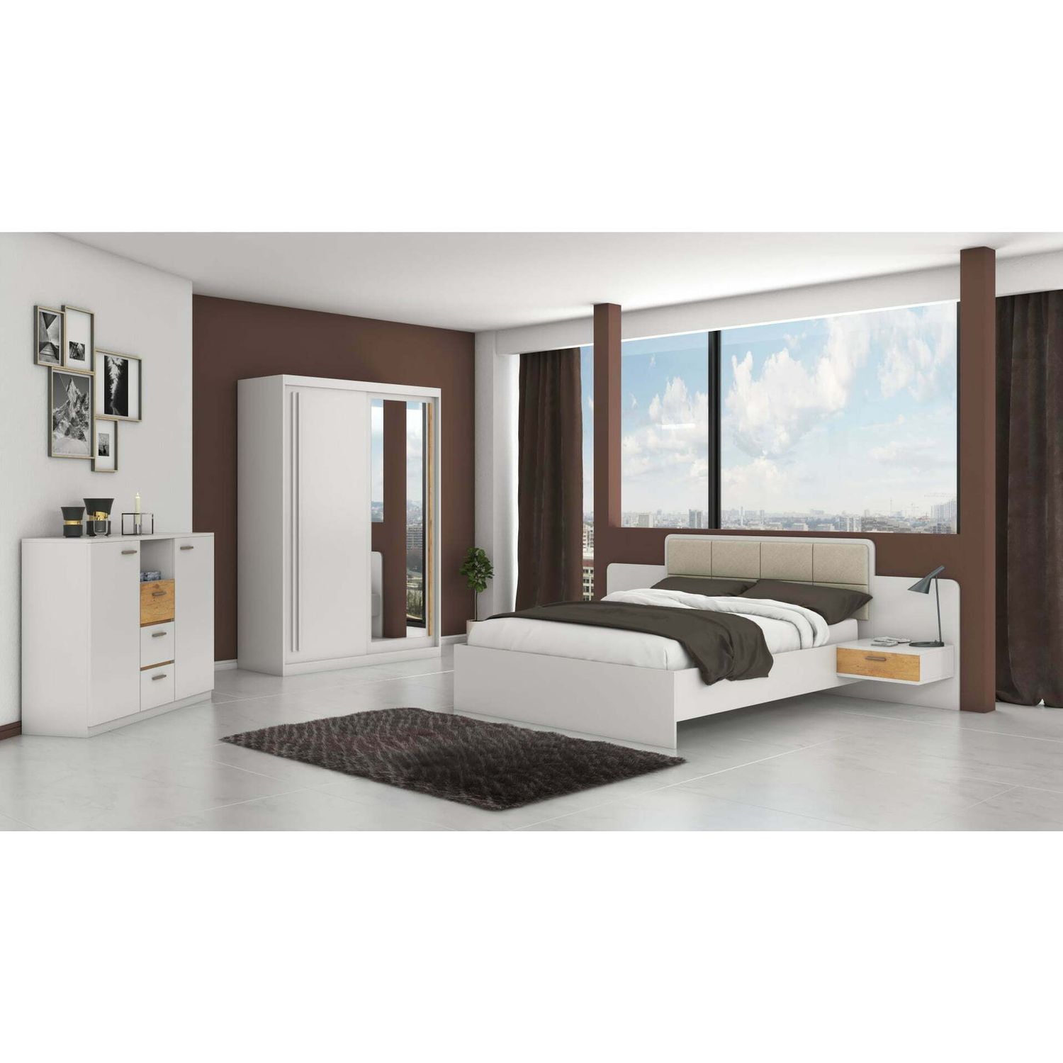 VreiMobila - Set Dormitor Effect, Alb, Dulap 150 cm, Pat 160x200 cm, 2 ...