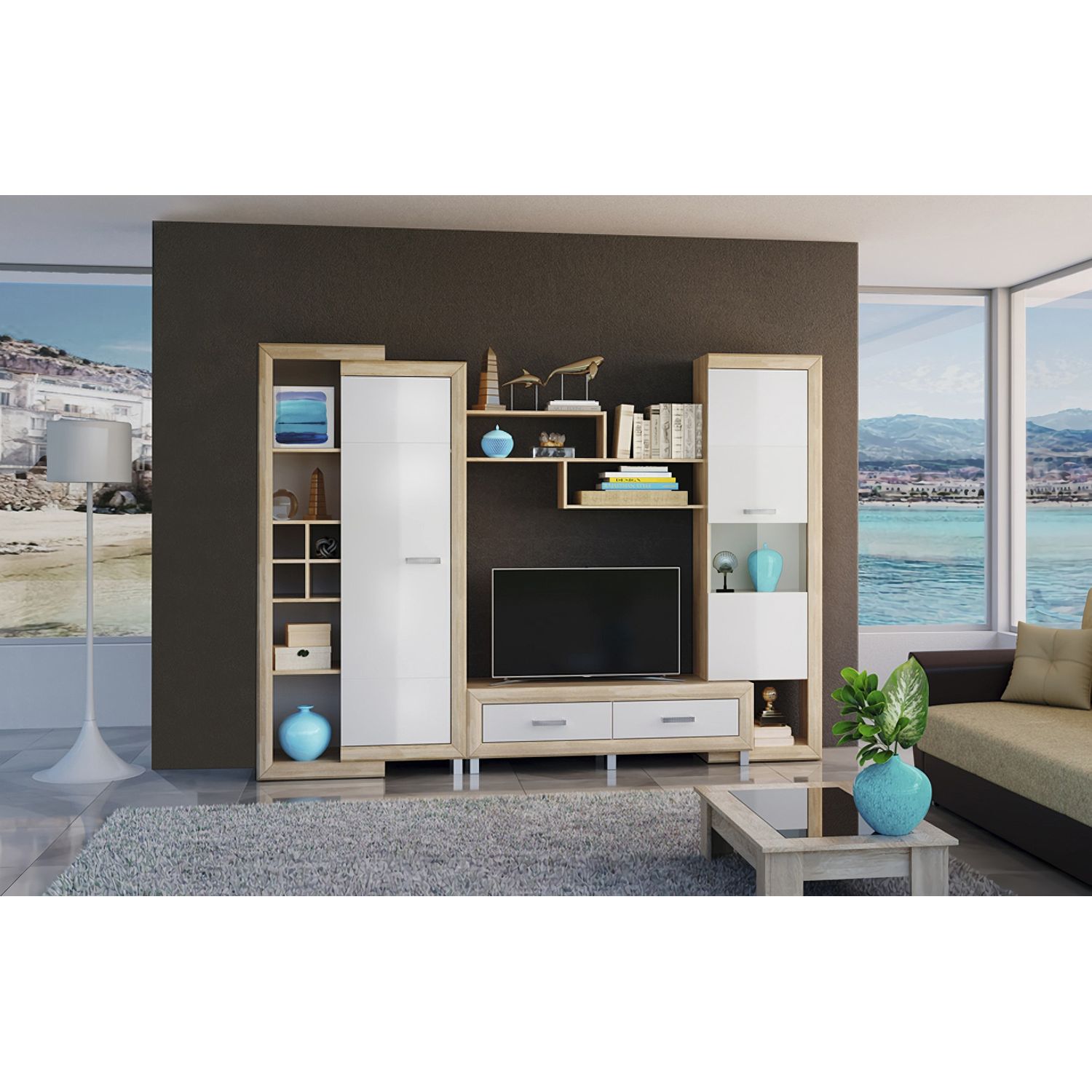 MarcelProd - Set Living SICILIA, 267x43x197cm, Sonoma/Alb Lucios ...