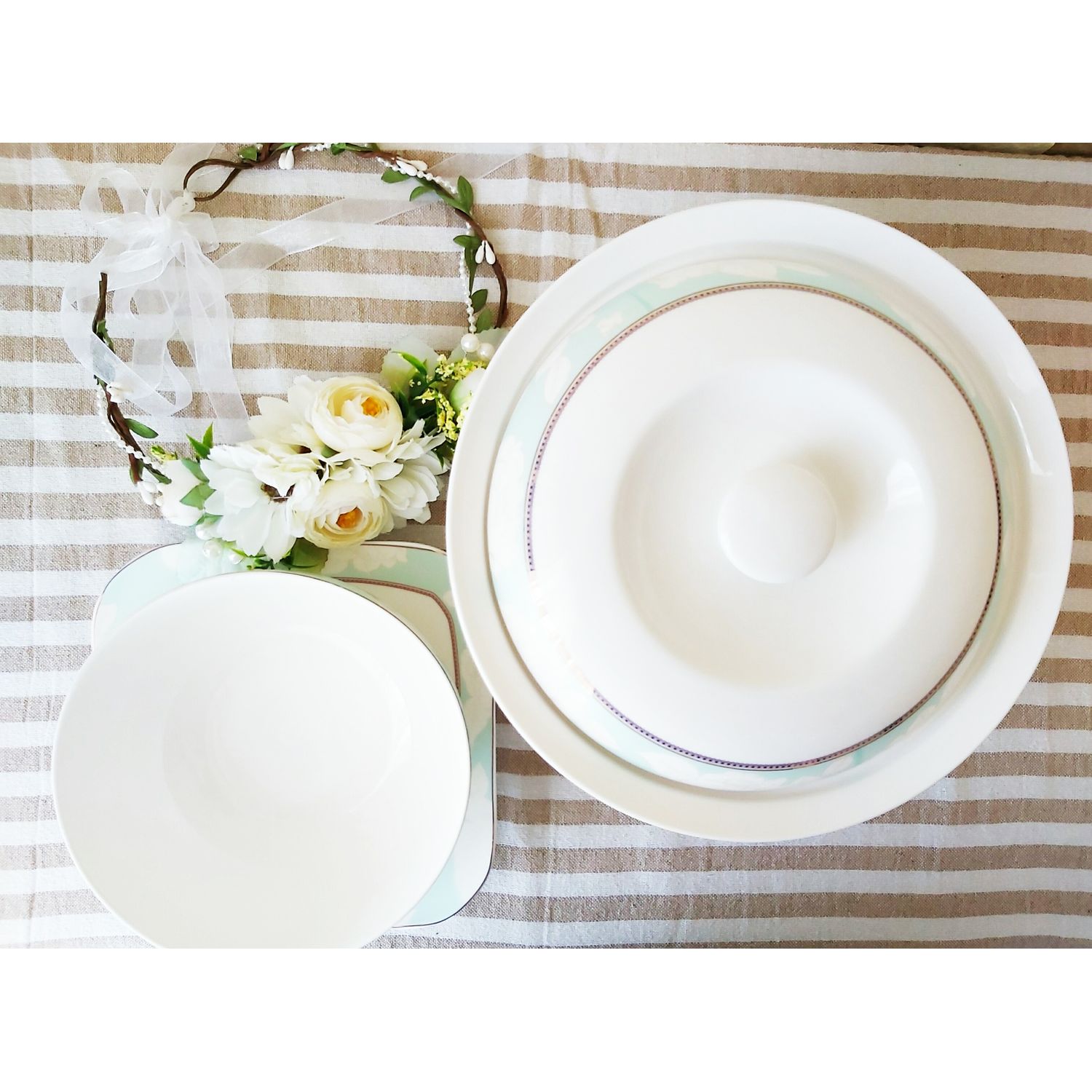 OEM - Set supiera, boluri si farfurii, 14 piese, portelan, model floral ...