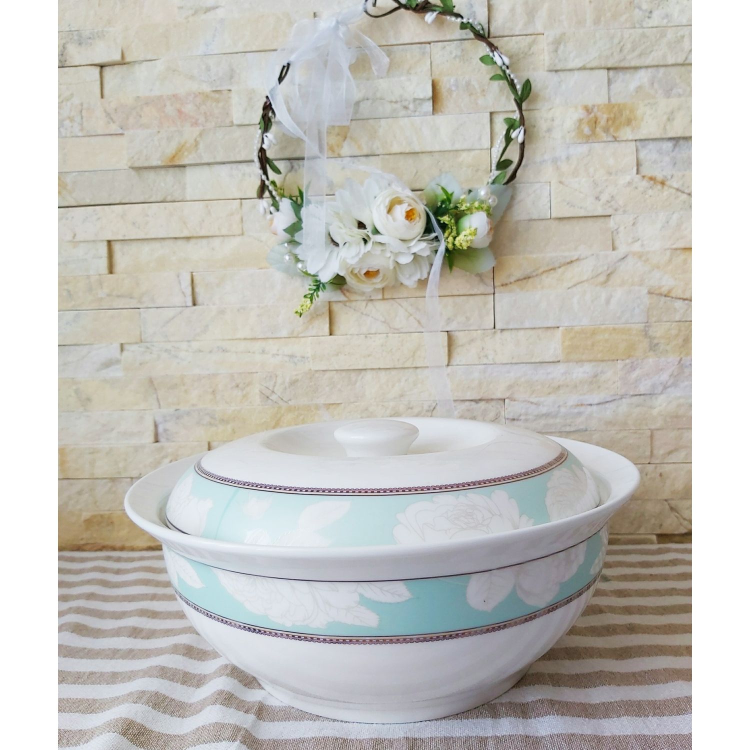 OEM - Set supiera, boluri si farfurii, 14 piese, portelan, model floral ...