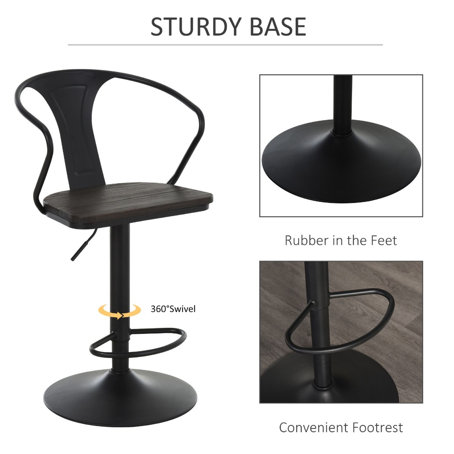 HOMCOM - Homcom Set 2 scaune de Bar Pivotante din Otel Negru si Lemn cu ...