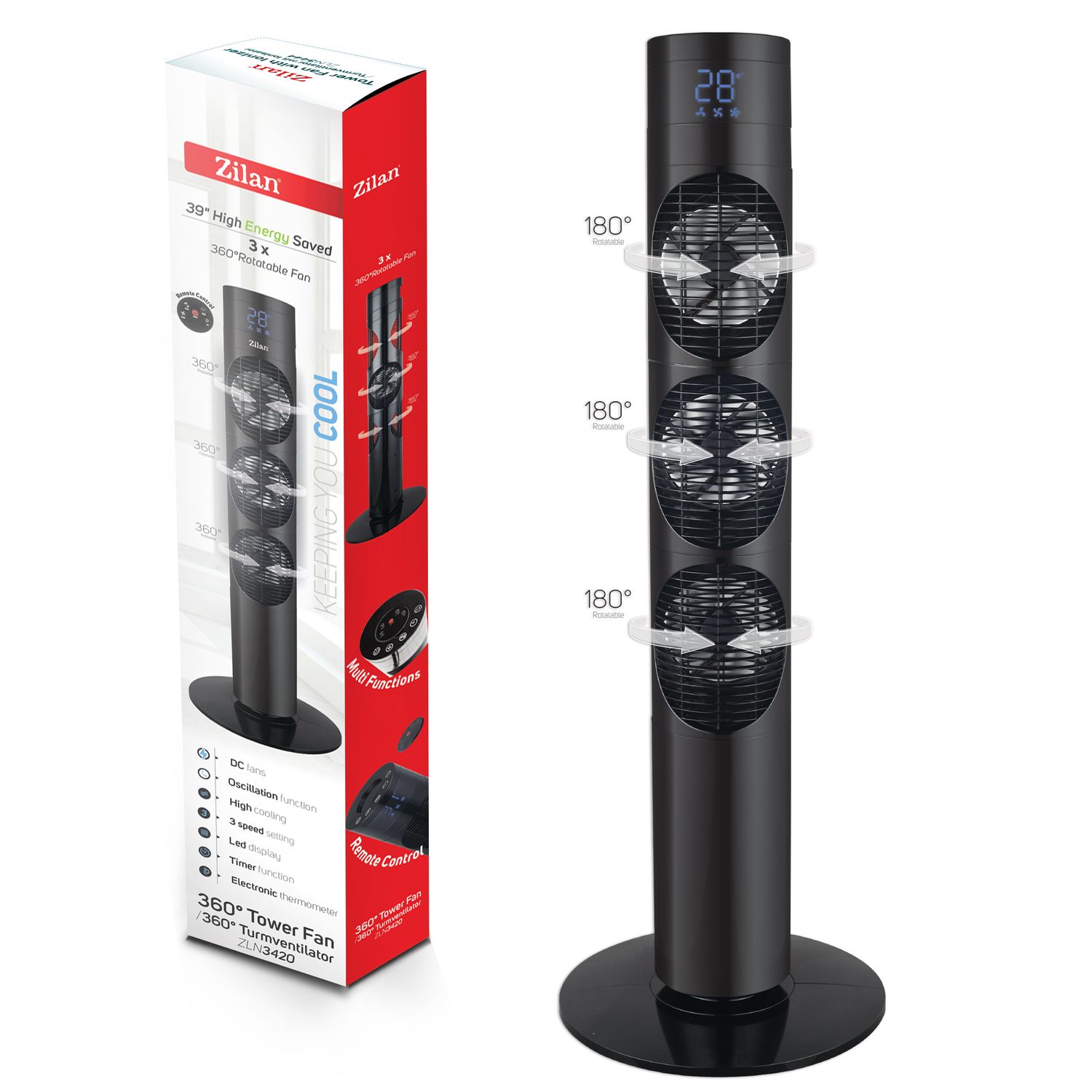 Zilan - Ventilator turn Zilan ZLN-3420, Timer, Telecomanda, Trei trepte ...