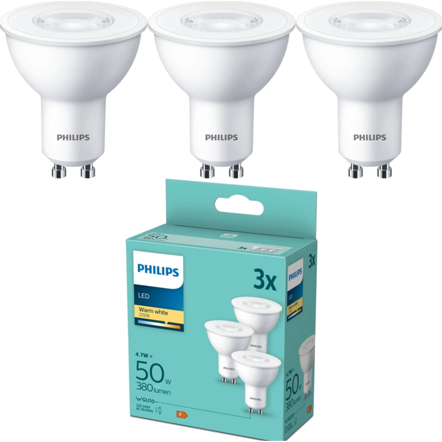 Philips - Pachet 3 becuri LED Philips, GU10, 4.7W (50W), 380 lm, lumina ...