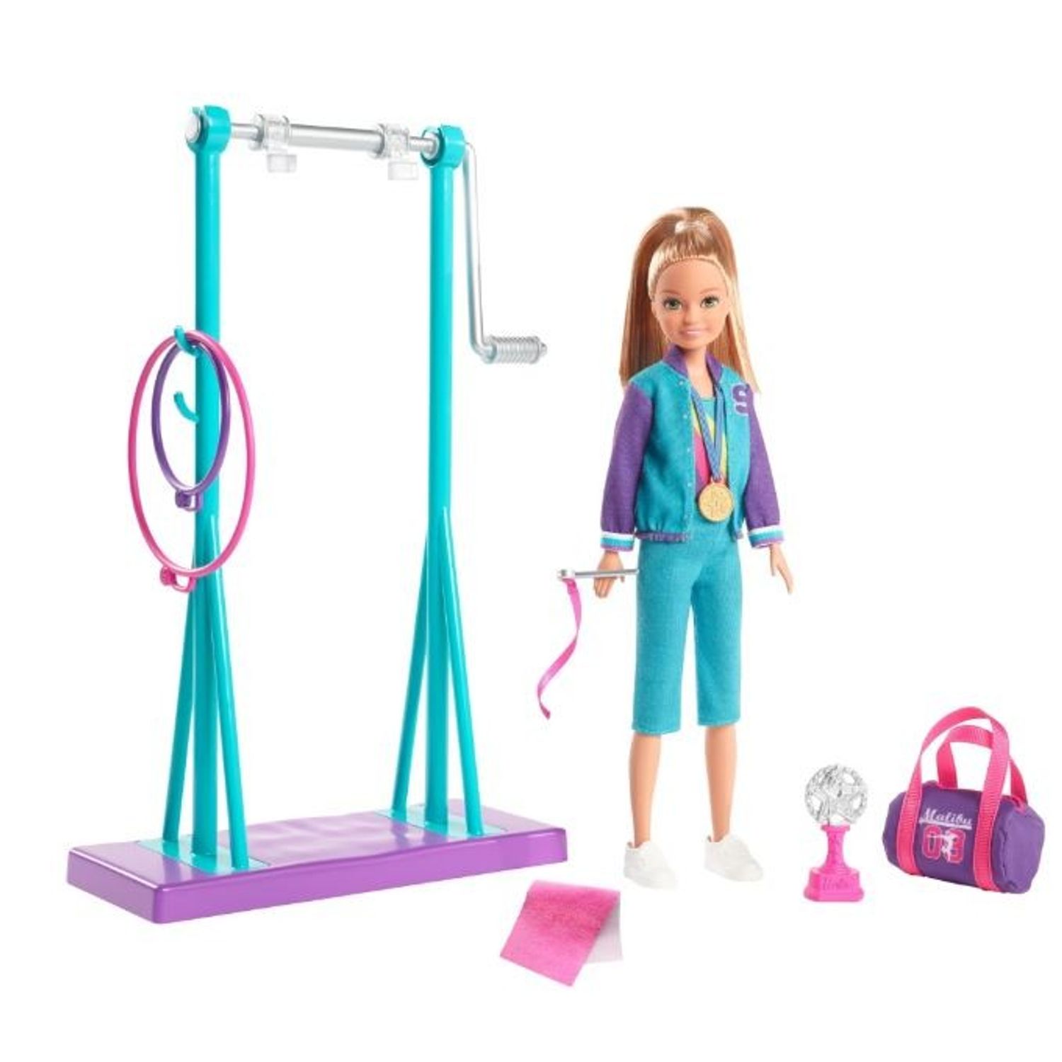 Barbie - Papusa Barbie Team Stacie - Set de joaca gimnastica cu 10 ...